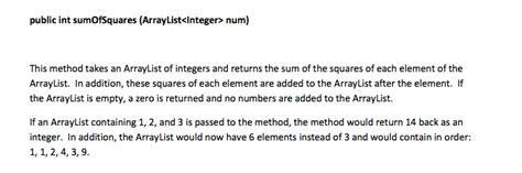 Solved Public Int Sumofsquares Arraylist Num This Method Chegg