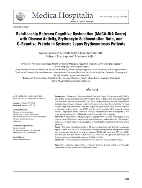 Pdf Relationship Between Cognitive Dysfunction Moca Ina Score With Disease Activity
