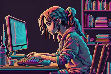 Premium AI Image Pixel Art Of A Girl At A Computer