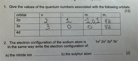 Solved 1 Give The Values Of The Quantum Numbers Associated