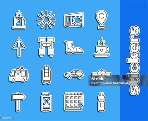 세트 라인 물 병 손목 시계 커피 컵 안테나와 라디오 쌍안경 느낌표 삼각형 컵 티 백과 하이킹 부츠 아이콘 벡터 가방에 대한 스톡 벡터 아트 및 기타 이미지 Istock