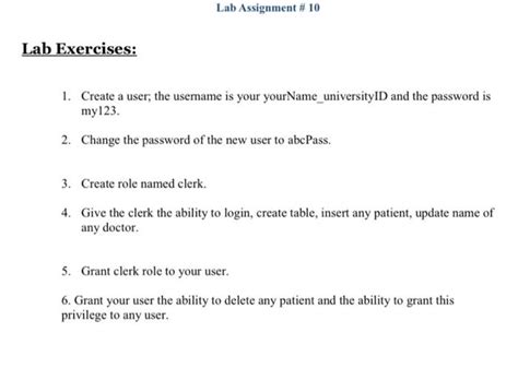 solved lab assignment 10 lab exercises 1 create a user
