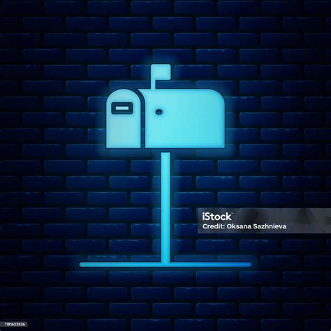 빛나는 네온 벽돌 벽 배경에 격리 된 메일 상자 아이콘을 엽니 다 사서함 아이콘입니다 기둥에 깃발이 있는 우편함 벡터 일러스트레이션 0명에 대한 스톡 벡터 아트 및 기타