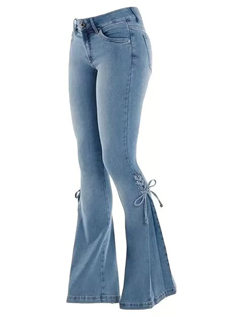 Y2k Lace Up Side Bell Bottom Jeans Stretchy Mid Rise Boot Cut Flared