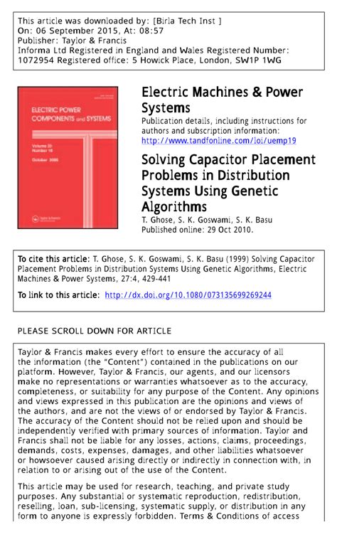 Pdf Solving Capacitor Placement Problem In Distribution Systems Using