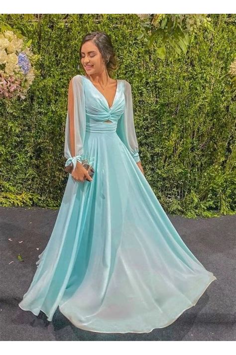 A Line Chiffon Long Sleeves Prom Dresses Formal Evening Gowns 6011069