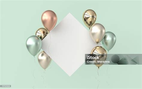 파스텔 색상의 배경에 광택 골드 화려한 풍선과 흰색 종이의 그림 생일 파티 홍보 소셜 미디어 배너 포스터를위한 빈 공간 3d 렌더링 사실적인 풍선 풍선에 대한 스톡 사진 및