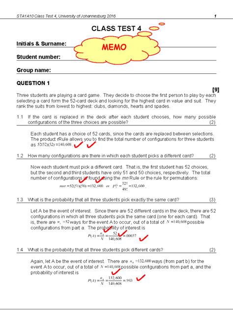 Class Test 4 2016 Memo Ctest Sta1a10 Class Test 4 University Of