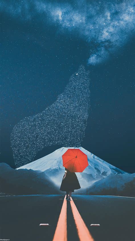 والپیپر دختر با چتر در جاده اِم والپیپر