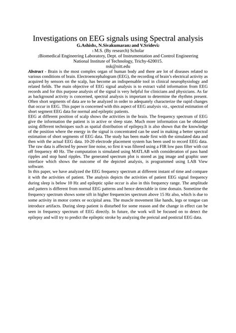 Pdf Investigations On Eeg Signals Using Spectral Analysis