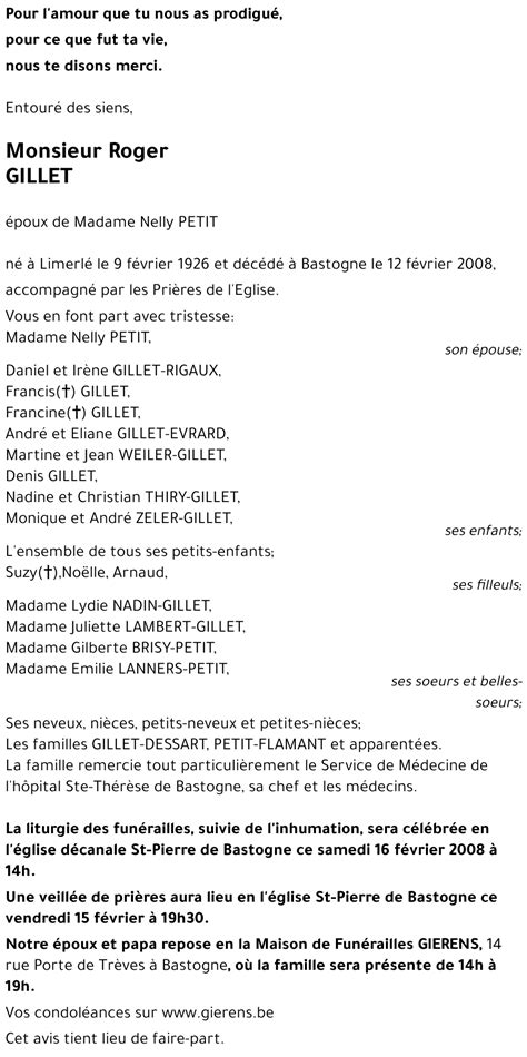 Avis De Décès De Roger Gillet Décédé Le 12022008 à Bastogne Annonce