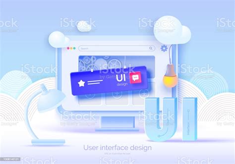 웹 디자인 소프트웨어 작성자를 위한 사용자 인터페이스 요소가 있는 모형 3d 모니터입니다 사용자 인터페이스 사용자 환경 디자인
