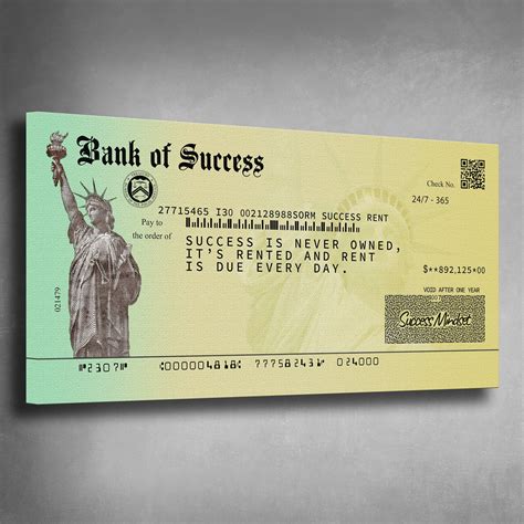 Bank Of Success Canvas Success Is Never Owned Quote Paycheck Style Motivational Wall Art