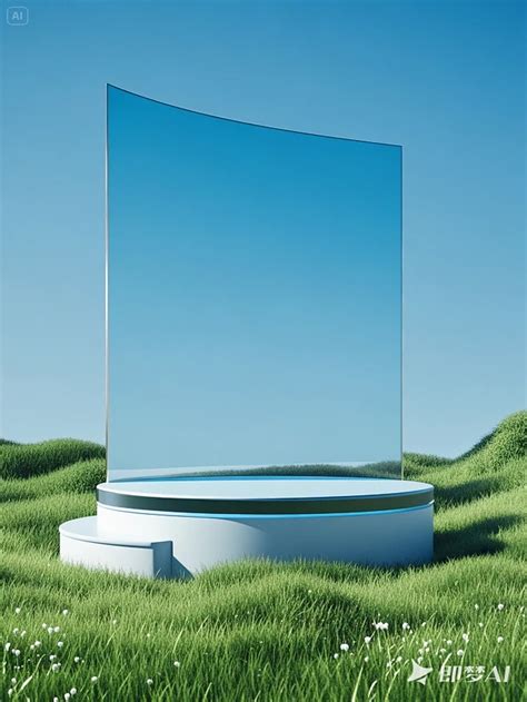 3d渲染，室外场景，背景是天蓝色，前面是草地，带1个展台，c4d渲染，模型，整体的，融合5 花瓣网