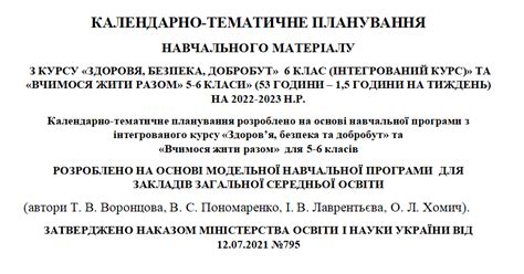 Календарно тематичне планування інтегрованого курсу «Здоровя безпека та добробут 6 клас 52