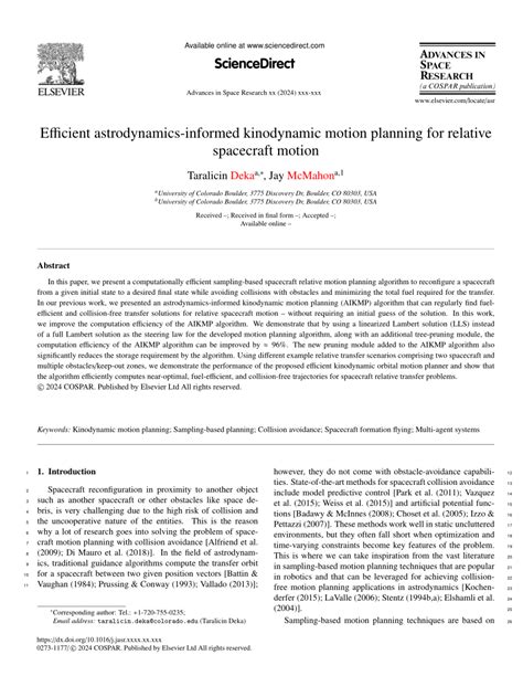 Pdf Efficient Astrodynamics Informed Kinodynamic Motion Planning For Relative Spacecraft Motion