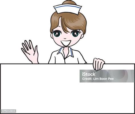 พยาบาลการ์ตูนเวกเตอร์ถือบัตรชายแดนที่ว่างเปล่า ภาพประกอบสต็อก ดาวน์โหลดรูปภาพตอนนี้ การดูแล