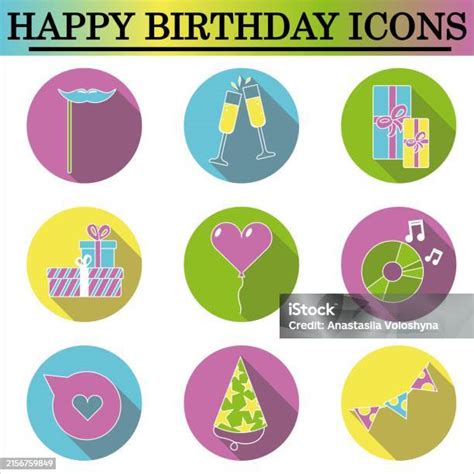 흰색 배경에 그림자가 있는 생일 플랫 아이콘 집합입니다 공휴일에 대한 스톡 벡터 아트 및 기타 이미지 공휴일 그림자