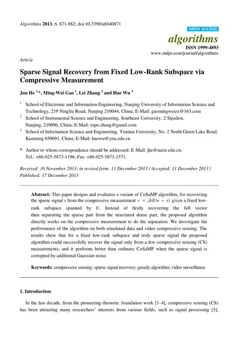 PDF Sparse Signal Recovery From Fixed Low Rank Subspace Via Compressive Measurement