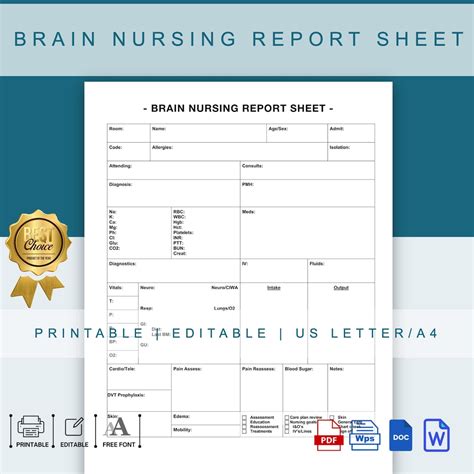 Printable Brain Nursing Report Sheet Template Editable Nurse Brain