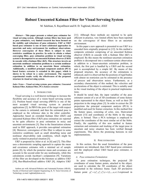 Pdf Robust Unscented Kalman Filter For Visual Servoing System