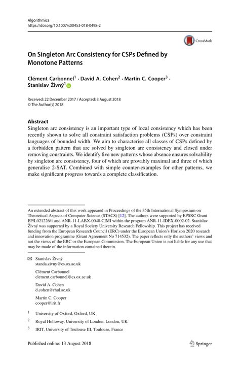 Pdf On Singleton Arc Consistency For Csps Defined By Monotone Patterns