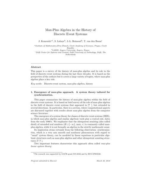Pdf Max Plus Algebra In The History Of Discrete Event Systems