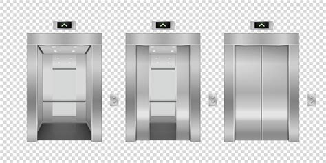 벡터 3d 현실적인 빈 빈 열기 및 폐쇄 강철 크롬 실버 금속 사무실 건물 리프트 엘리베이터 문 버튼 설정 닫힘 격리 바닥 인테리어 모형입니다 비즈니스 개념입니다 정면 보기