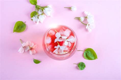 스파클링 와인 딸기 얼음 조각이있는 시원한 딸기 상그리아 한 잔으로 여전히 생활하십시오 상쾌한 여름 알코올 칵테일 음료