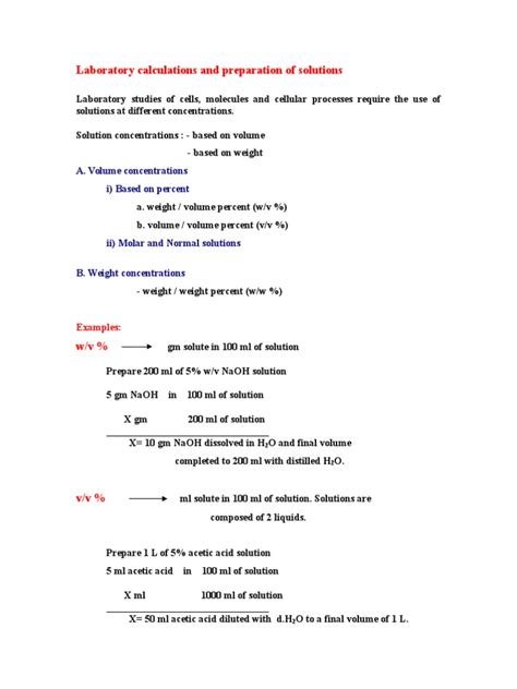 Laboratory Calculations And Preparation Of Solutions Pdf Mole Unit