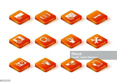 하드 디스크 드라이브 서비스 보안 카메라 오븐 Tv 손목 시계 비디오 컴퓨터 모니터 및 교차 렌치 아이콘을 설정합니다 벡터 3차원 형태에 대한 스톡 벡터 아트 및 기타