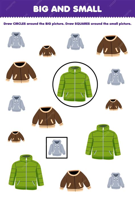 아이들을 위한 교육 게임은 귀여운 만화 후드 코트와 스웨터 인쇄용 겨울 워크시트의 원과 사각형을 그려서 크거나 작은 크기로 정렬합니다 프리미엄 벡터