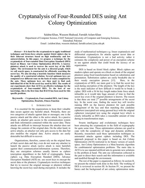 PDF Cryptanalysis Of Four Rounded DES Using Ant Colony Optimization