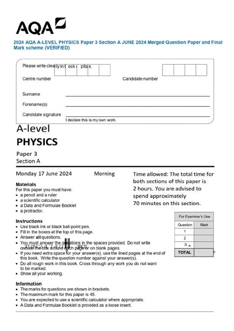 2024 Aqa A Level Physics Paper 3 Section A June 2024 Merged Question Paper And Final Mark Scheme