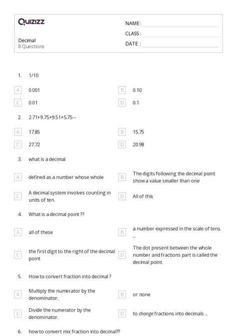 50 Subtracting Decimals Worksheets For 1st Class On Quizizz Free