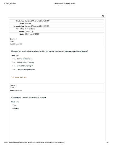 Midterm Quiz 2 Practice Started On Sunday 27 October 2024 425 Pm State Finished Completed