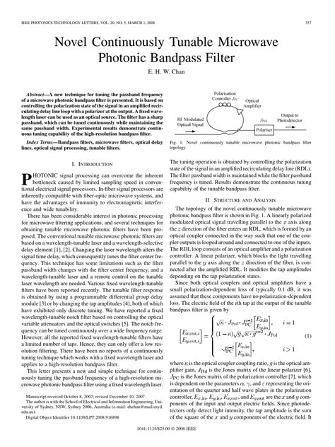 Pdf Novel Continuously Tunable Microwave Photonic Bandpass Filter