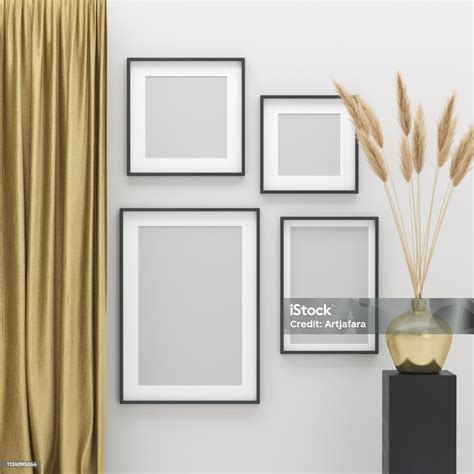 황금 장식 요소와 인테리어 배경에서 포스터 프레임을 모의 0명에 대한 스톡 사진 및 기타 이미지 0명 3차원 형태 가정 생활 Istock