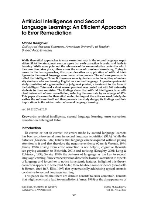 Pdf Artificial Intelligence And Second Language Learning An Efficient Approach To Error