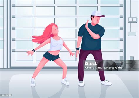 현대 무용수 커플 함께 플랫 컬러 벡터 일러스트 현대 댄스 스튜디오 2d 만화 캐릭터에서 사람들 힙합 스트리트 댄스 공연자 클래스 연습 운동 2차 도형에 대한 스톡 벡터