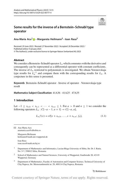 Some Results For The Inverse Of A Bernstein Schnabl Type Operator Request Pdf