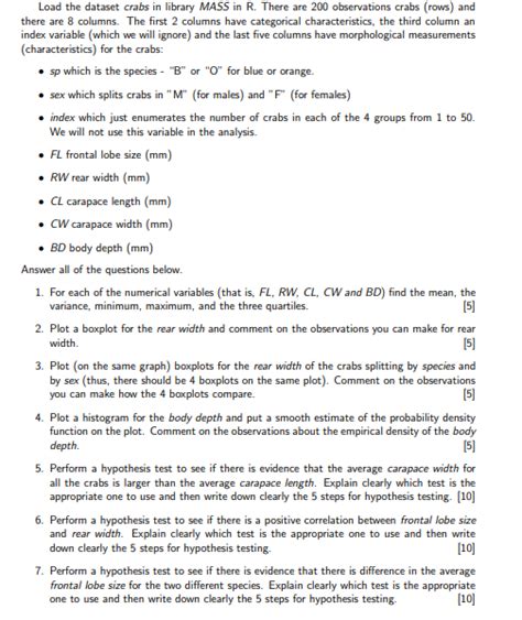 Solved Load The Dataset Crabs In Library Mass In R There