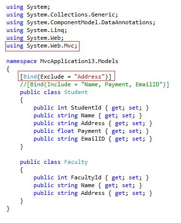 MVC Bind Attribute Like Bind Exclude Name Or Bind Include Address Payment EmailID