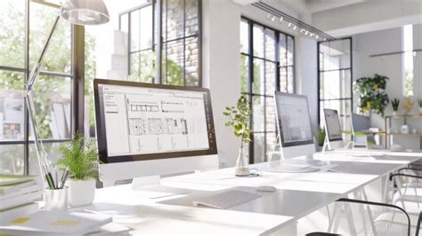 Modern Home Design On Cad Displayed In A Bright And Tidy Office With Triple Monitor Setup Stock