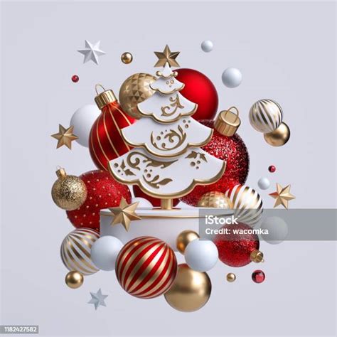 흰색 배경에 고립 된 3d 크리스마스 트리 장식품 겨울 휴가 장식 장식 전나무 나무 유리 공 황금 별 사탕 지팡이 눈덩이 인사말 카드 또는 포스터 객체 를 부양합니다