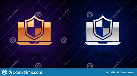 Gold And Silver Laptop Protected With Shield Icon Isolated On Black Background Pc Security