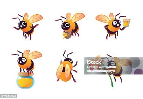 귀여운 꿀벌 캐릭터 벡터 일러스트레이션 꿀 항아리와 유기농 꿀병이 있는 고립된 마스코트 곤충에 대한 스톡 벡터 아트 및 기타
