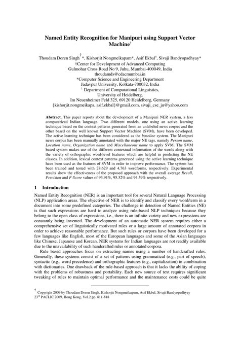 Pdf Named Entity Recognition For Manipuri Using Support Vector Machine