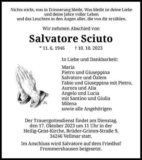 Traueranzeigen Von Salvatore Sciuto Trauerhnade