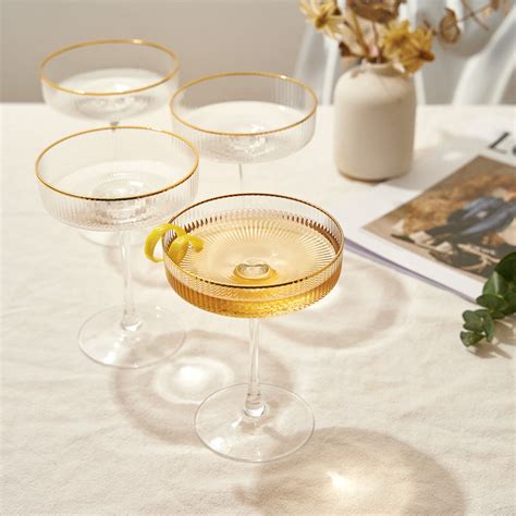 Ribbed Coupe Cocktail Glasses With Gold Rim 8 Oz Set Of 4 Classic